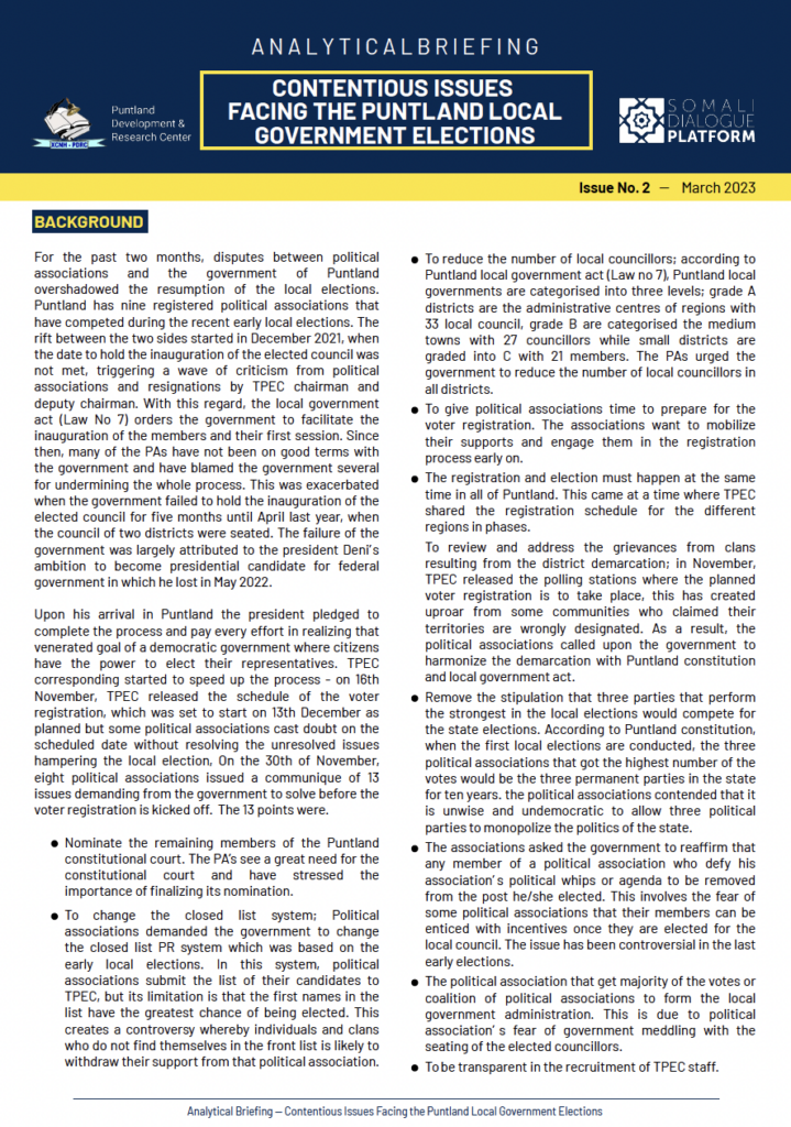 CONTENTIOUS ISSUES FACING THE PUNTLAND LOCAL GOVERNMENT ELECTIONS ...